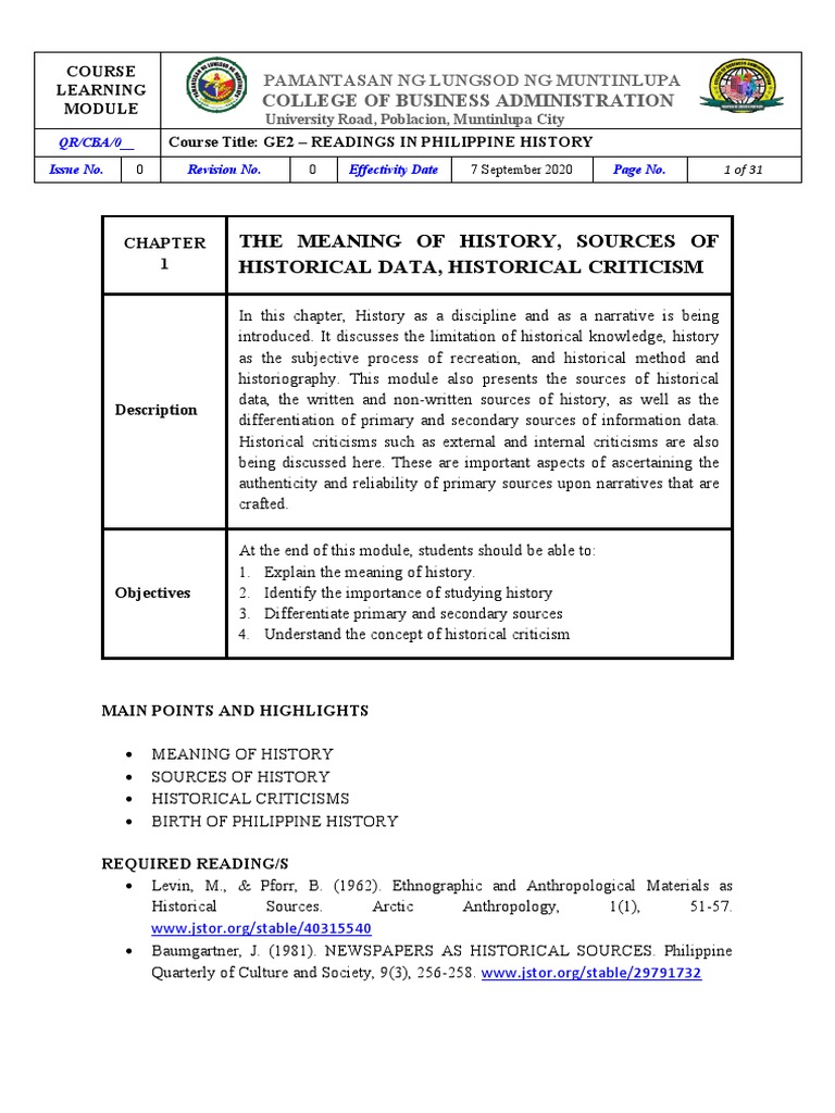 Ge2 Readings in Philippine History Module 1 | PDF | Primary Sources | Science