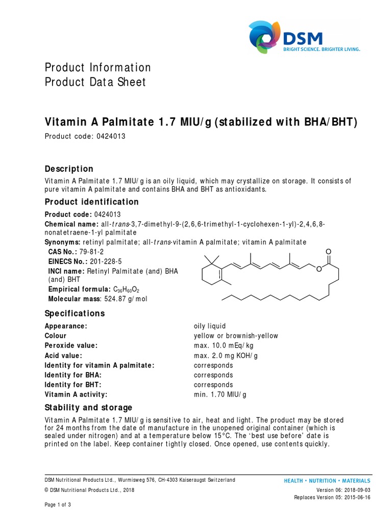 PDS - 0424013 - Vitamin A Palmitate 1.7 MIUg - Stabilized With BHABHT ...