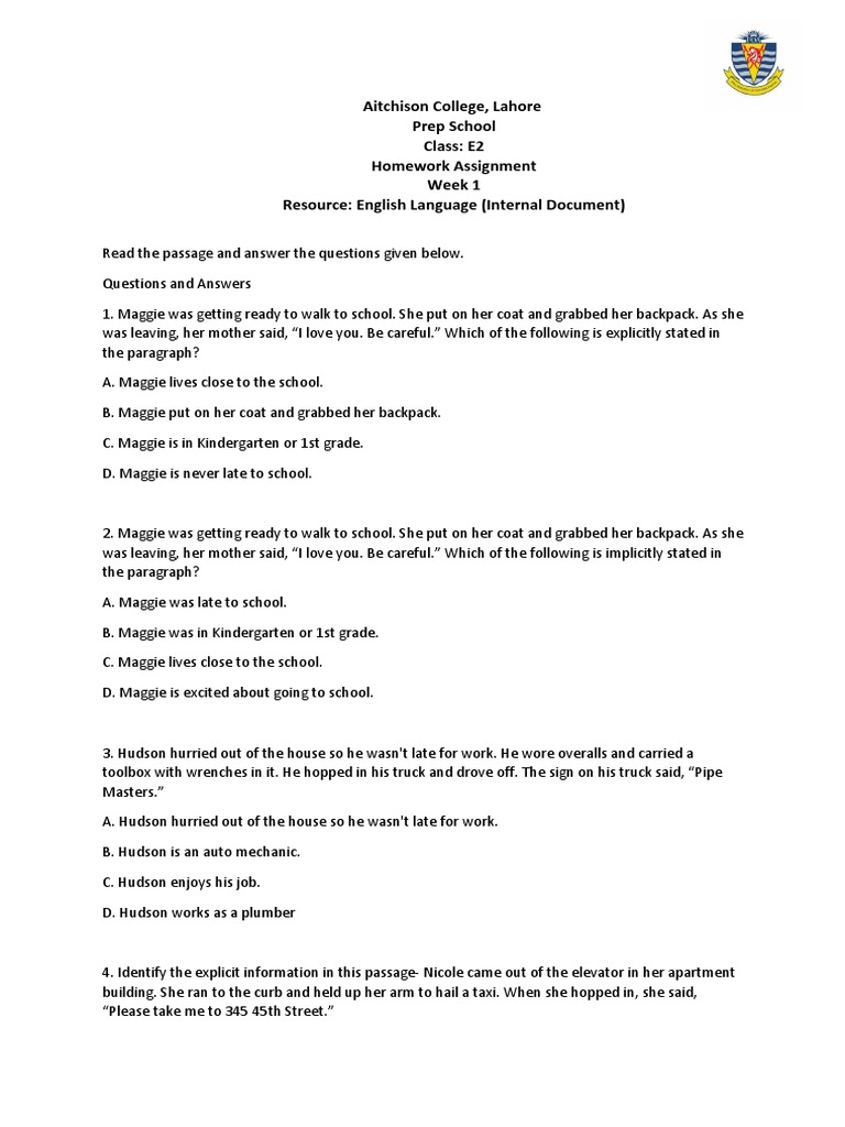 Aitchison College E2 Homework English Passage | PDF