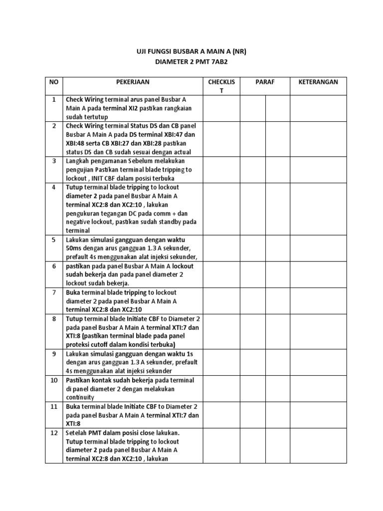 Checklist Uji Fungsi Busbar A Main A - 7ab2 | PDF