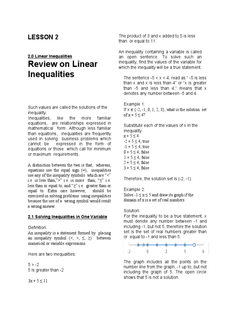 Lesson2 - Review On Linear Inequalities | PDF | Inequality (Mathematics) | Equations