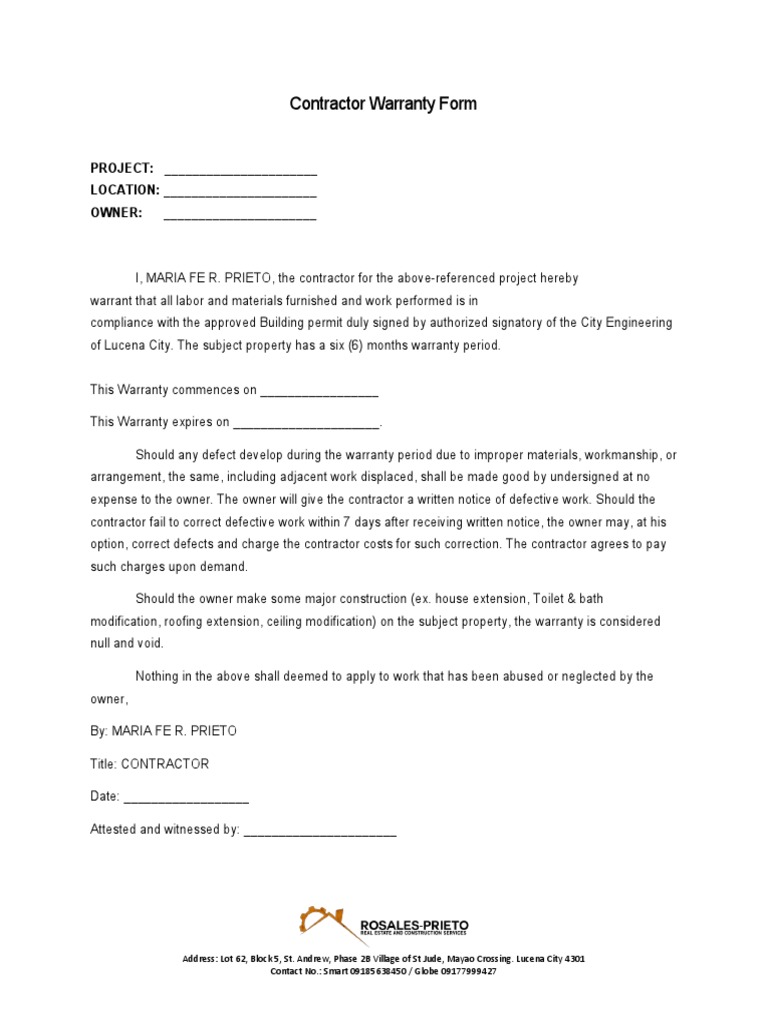 Contractor Warranty Form | PDF