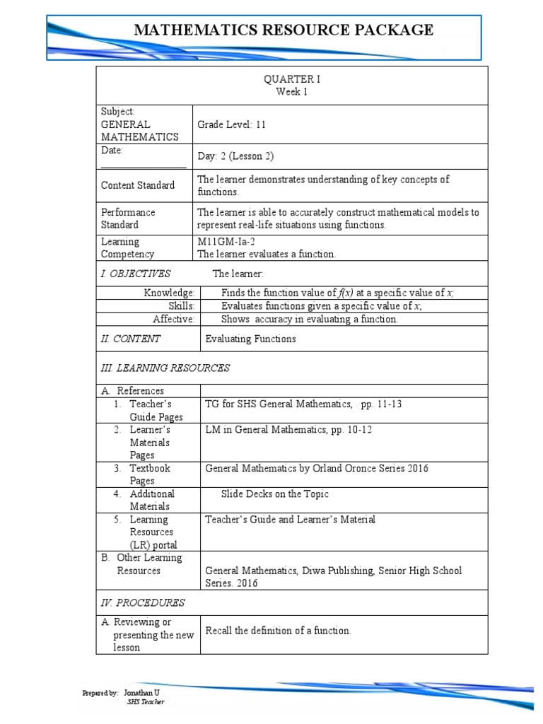 Genmath 11 (Find Value of X) - Lesson Plan | PDF | Function ...