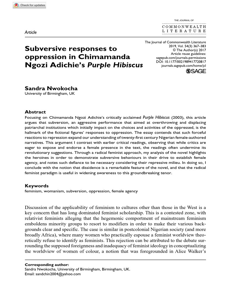 Review On Purple Hibiscus | PDF | Feminism | Gender Studies