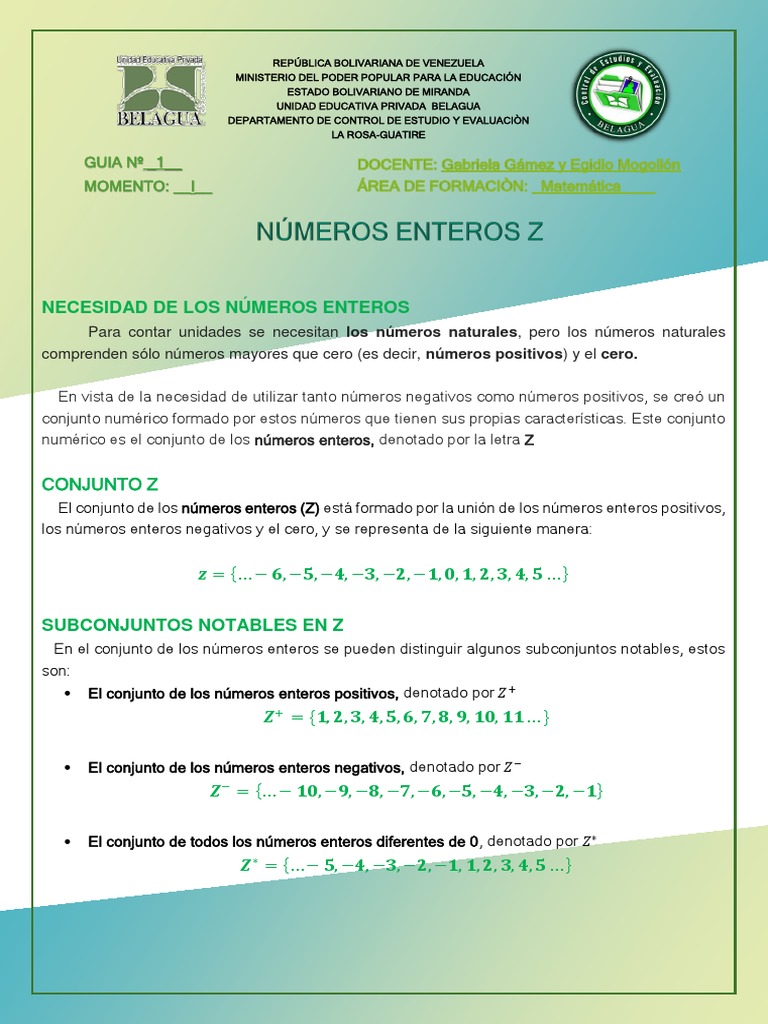 Necesidad de Los Números Enteros: GUIA # - 1 - MOMENTO: - I | PDF | Entero | Lexicología