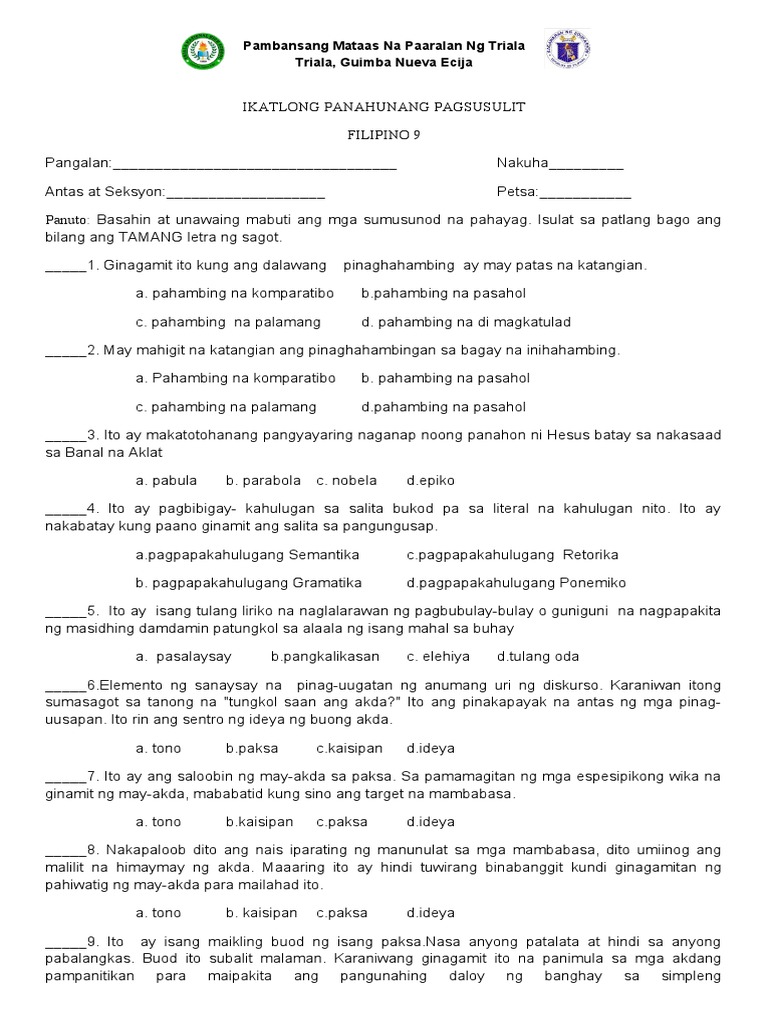 3rd Exam Fili 9 | PDF