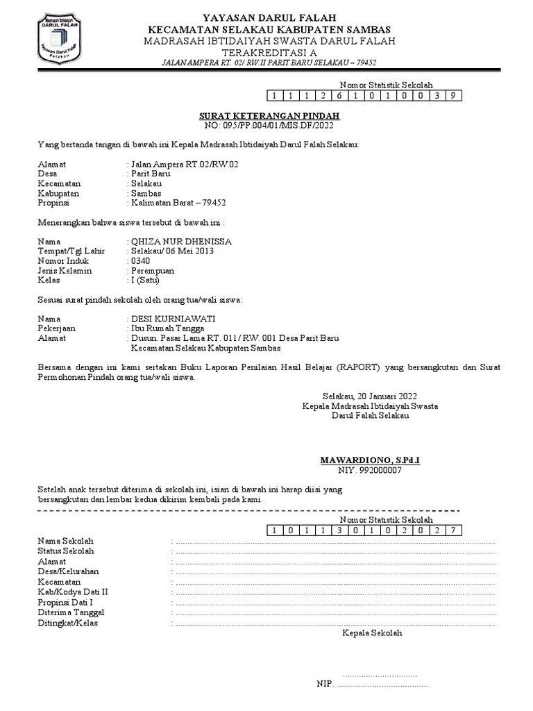 Keterangan Pindah Siswa Pdf