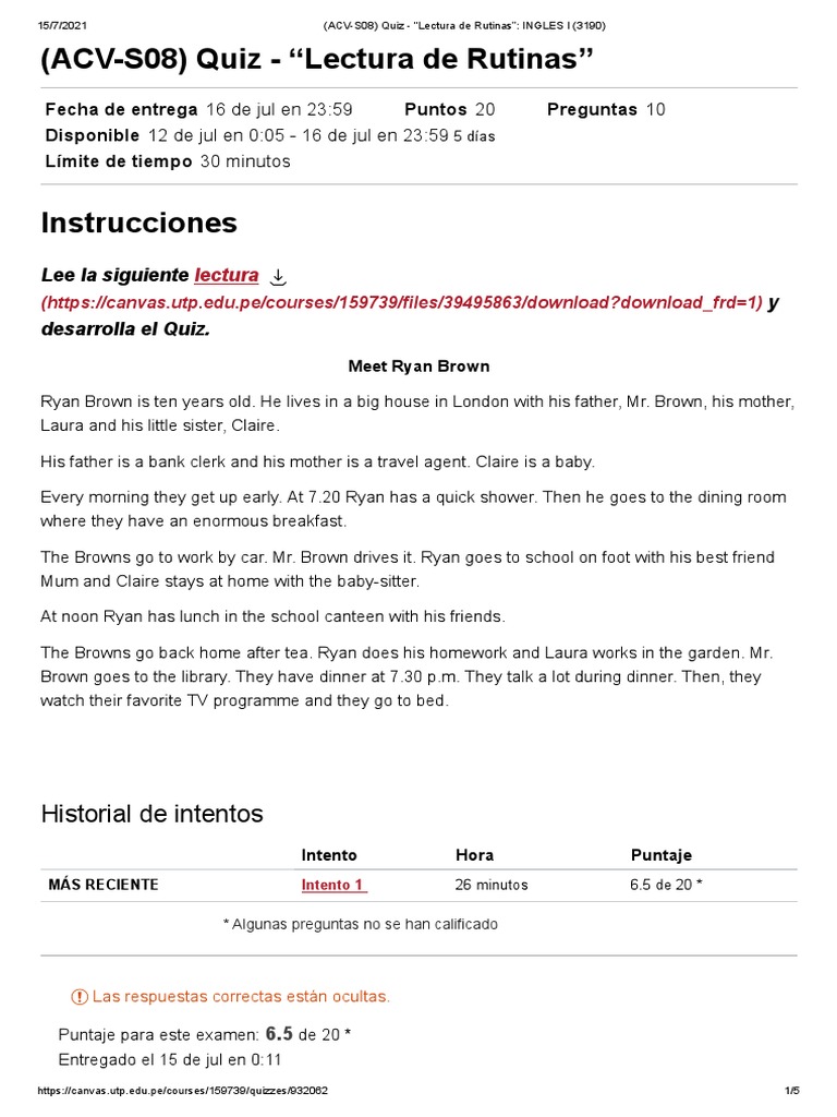 (ACV-S08) Quiz - "Lectura de Rutinas" - INGLES I (3190) | PDF