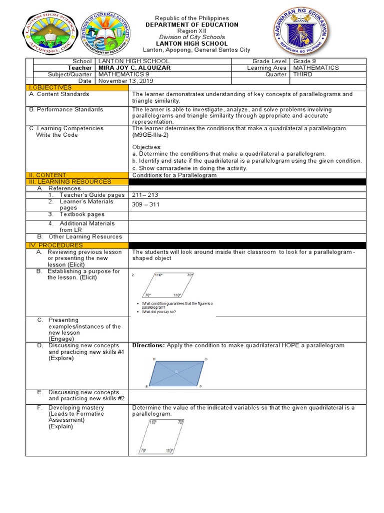 Grade 9 Determine The Conditions That Make A Quadrilateral A Parallelogram Pdf Learning