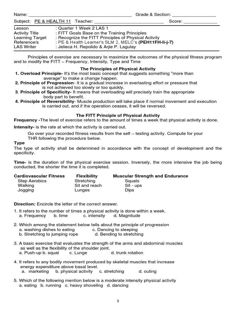 Pe - Health 11 Q1 Week 2 Las 1 2 | PDF