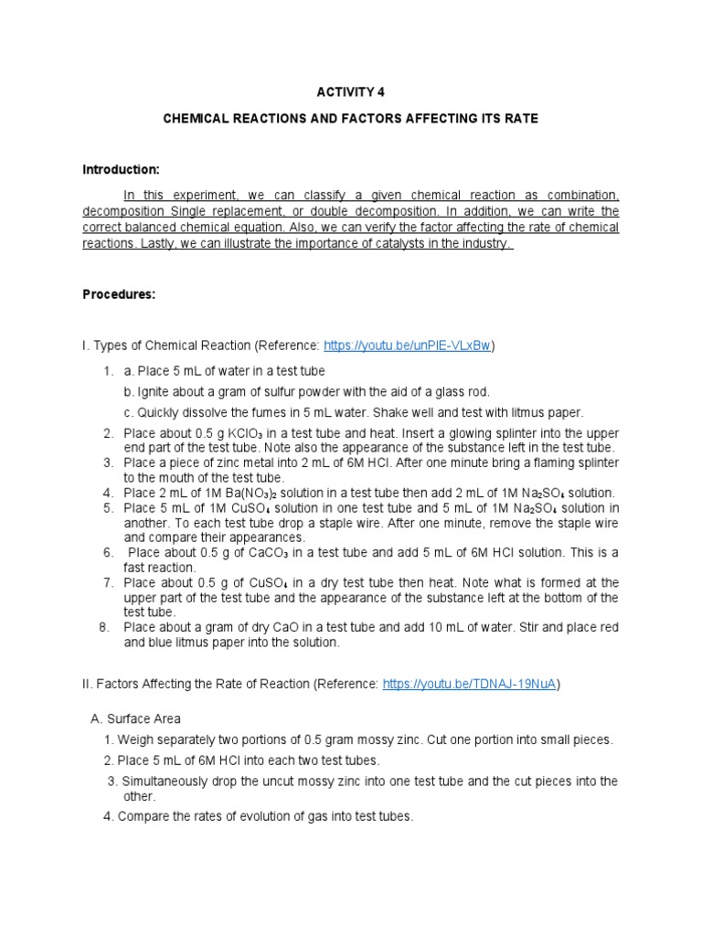 ACTIVITY 4 Types of Chemical Reaction and Factors Affecting Its Rate ...