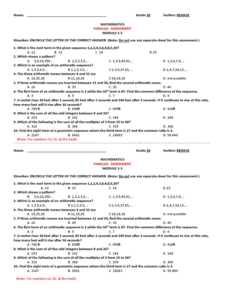 Summative Assessment Module 1-3 | PDF | Summation | Sequence