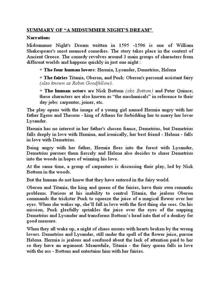 Midsummer Night's Dream Summary | PDF | A Midsummer Night's Dream | Fairies