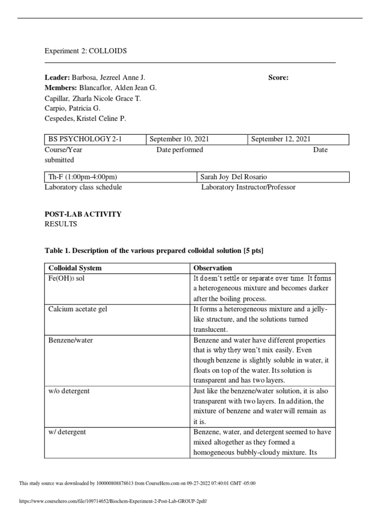 Colloid Experiment: Post-Lab Results | PDF | Colloid | Filtration