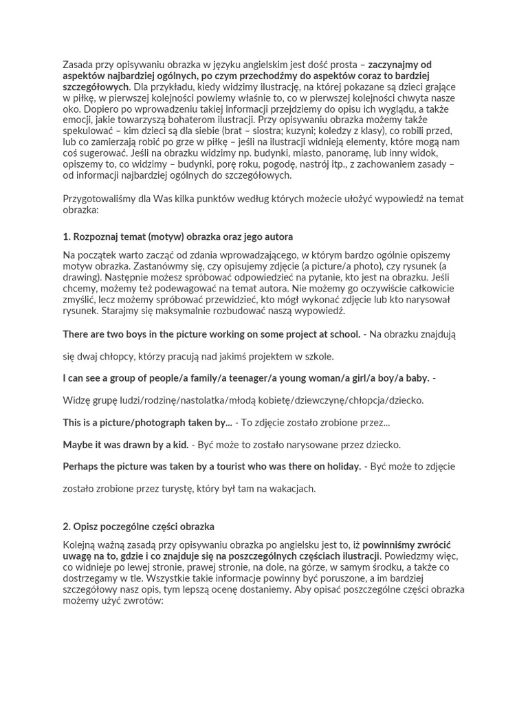 OPIS OBRAZKA Matura Podstawowa Ustny | PDF