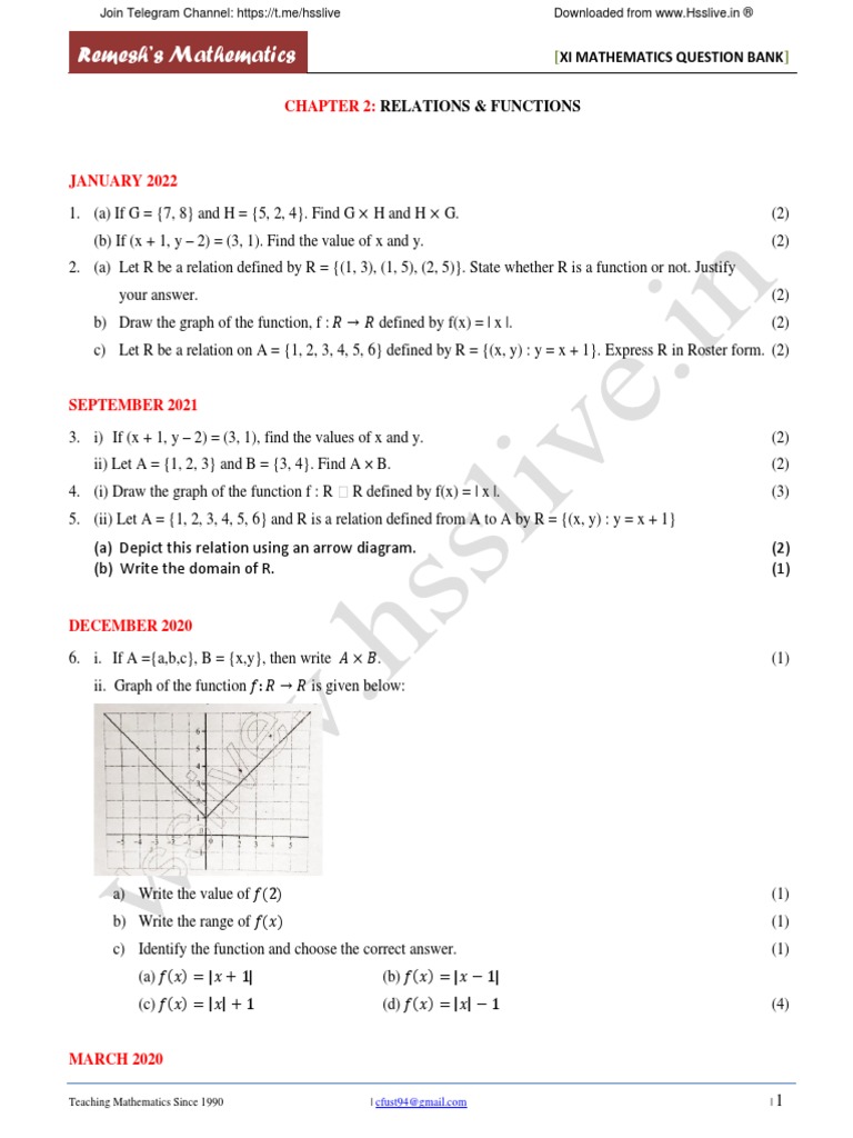 Hsslive Xi Maths QB Remesh 2. Relations and Functions | PDF | Function (Mathematics) | Mathematics