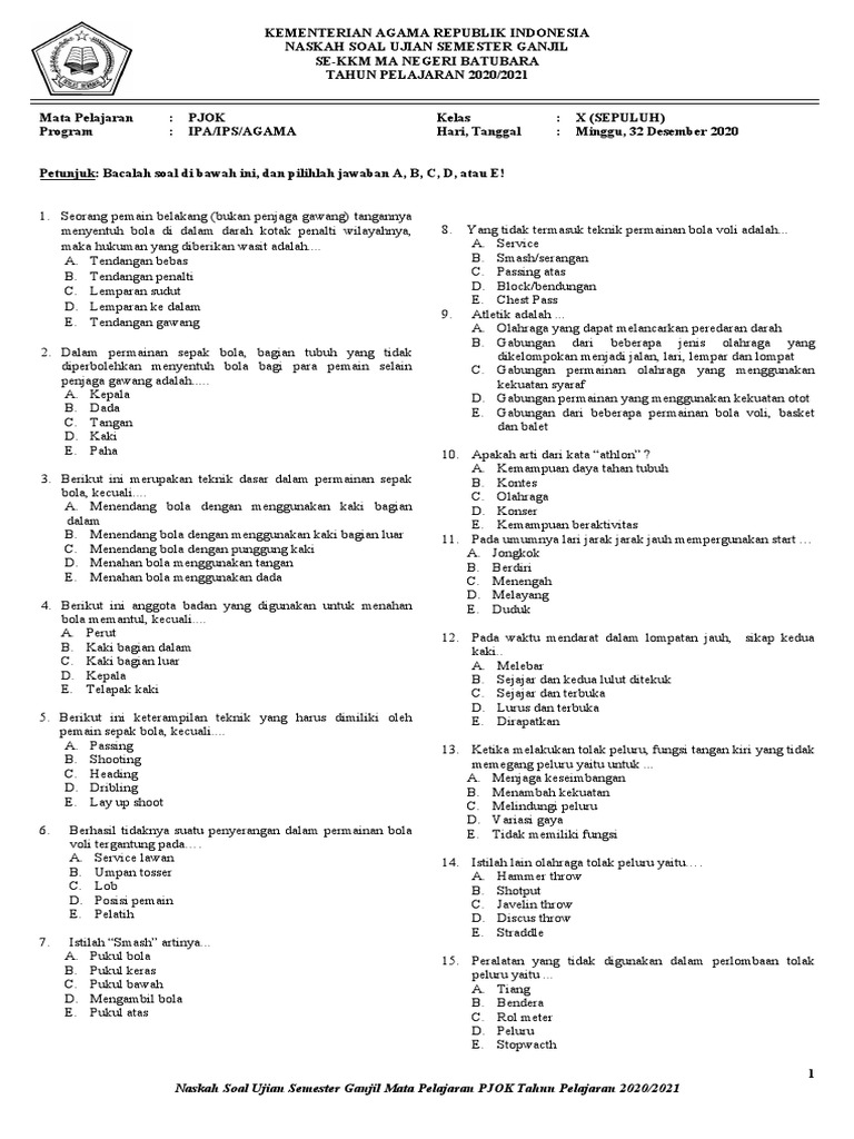 Soal Pjok Kelas X Semester Ganjil 2020-2021 | PDF