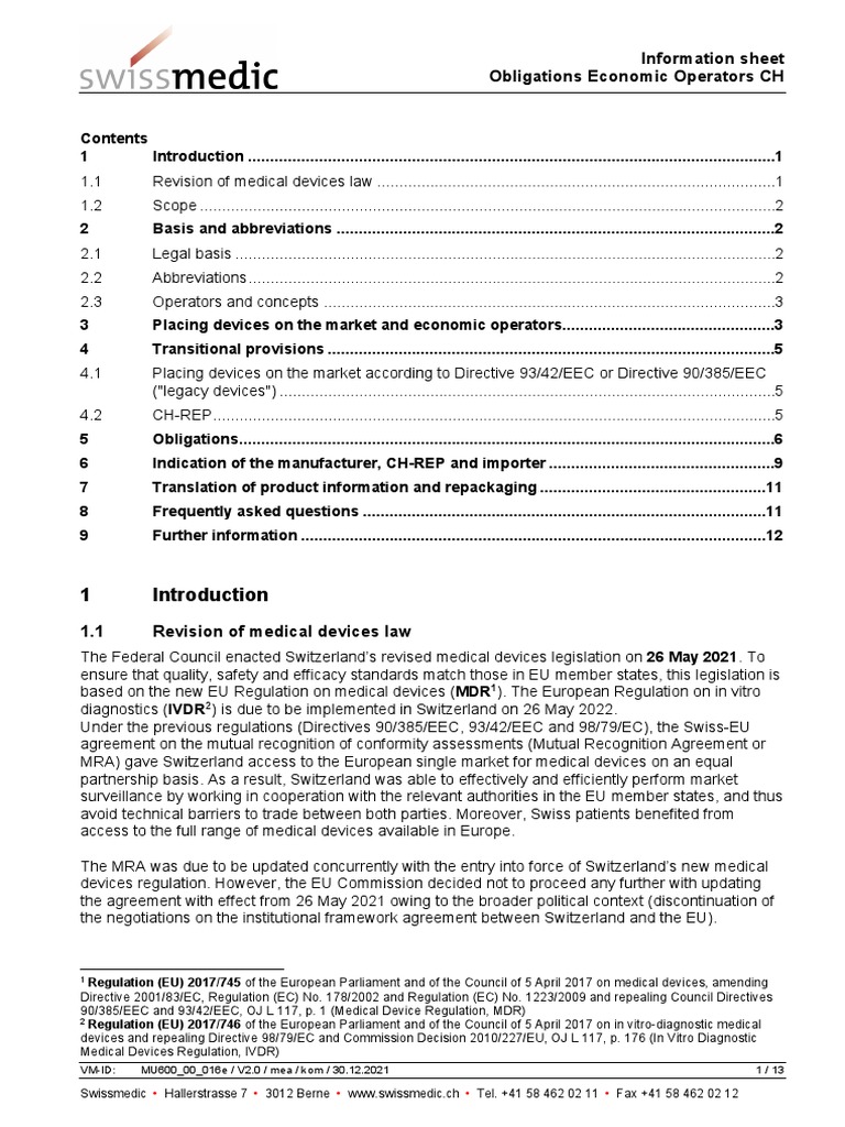 MU600 00 016e MB Obligations Economic Operators CH | PDF | Medical Device