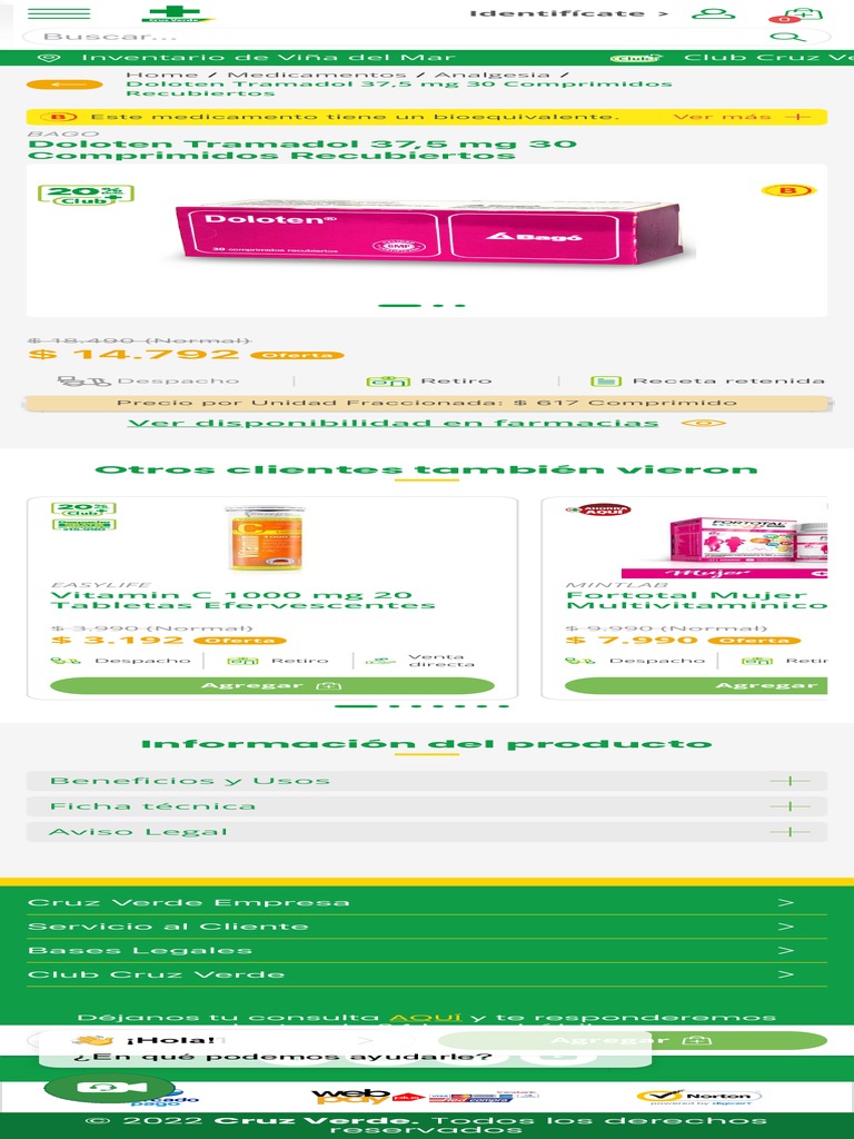 Doloten Tramadol 37,5 MG 30 Comprimidos Recubiert | PDF