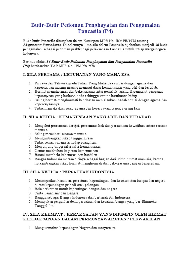 Butir-Butir Pedoman Penghayatan Dan Pengamalan Pancasila (P4) | PDF