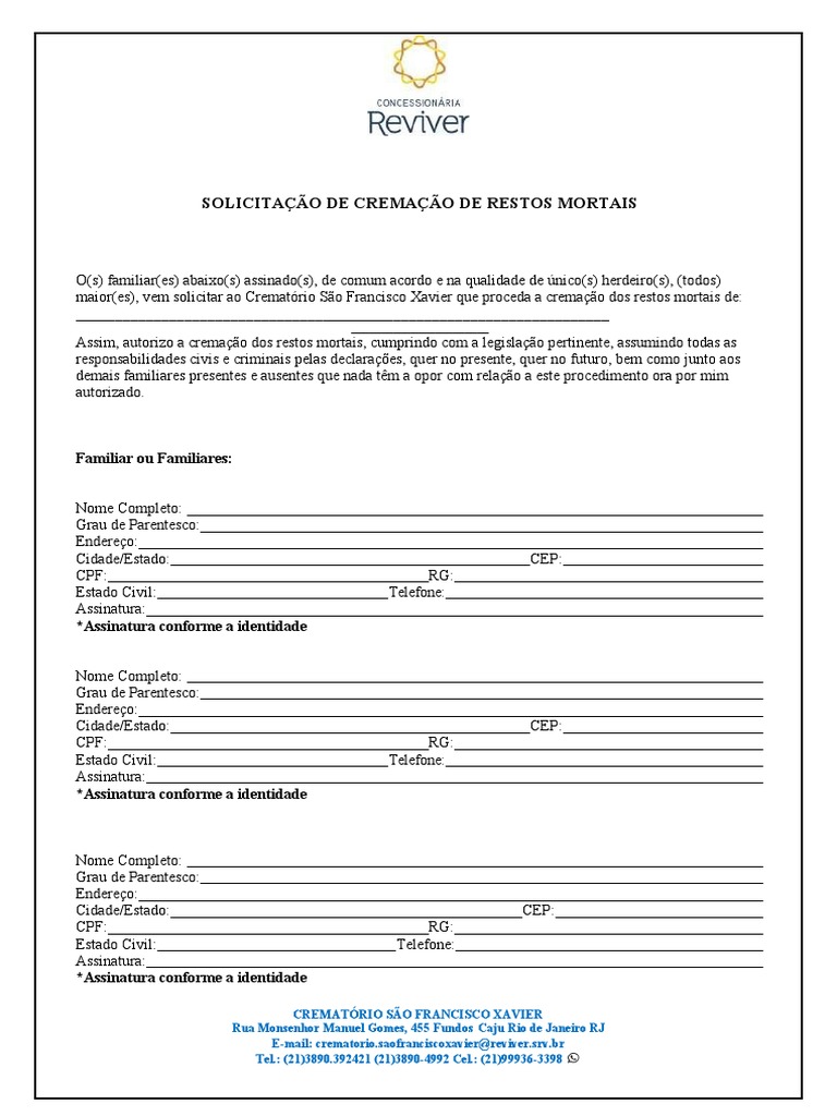 Solicitação Cremação Restos Mortais (BR) | PDF