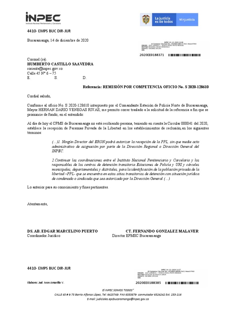 Coordinación INPEC Bucaramanga 2020 | PDF