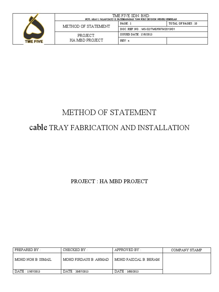 METHOD OF STATEMENT Cable Tray Fabrication and Installation | PDF | Personal Protective Equipment