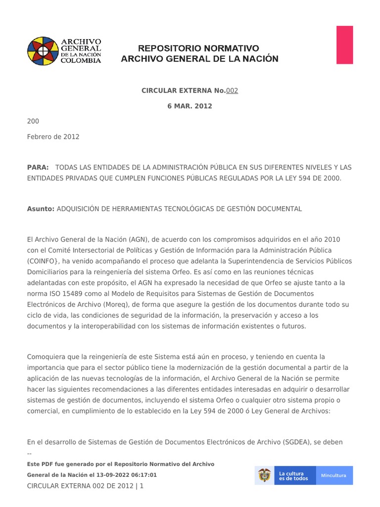 Circular Externa 002 de 2012 Sgdea | PDF | Gestión de registros | Administración Pública