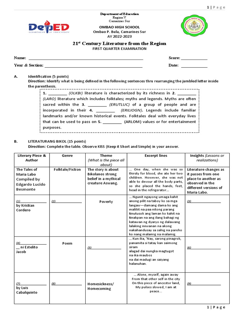 Exam 21st Century 1st Quarter Exam | PDF | Folklore Exam 21st Century 1st Quarter Exam | PDF | Folklore