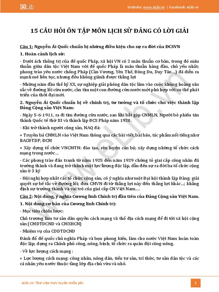 15 Cau Hoi On Tap Mon Lich Su Dang191 | PDF
