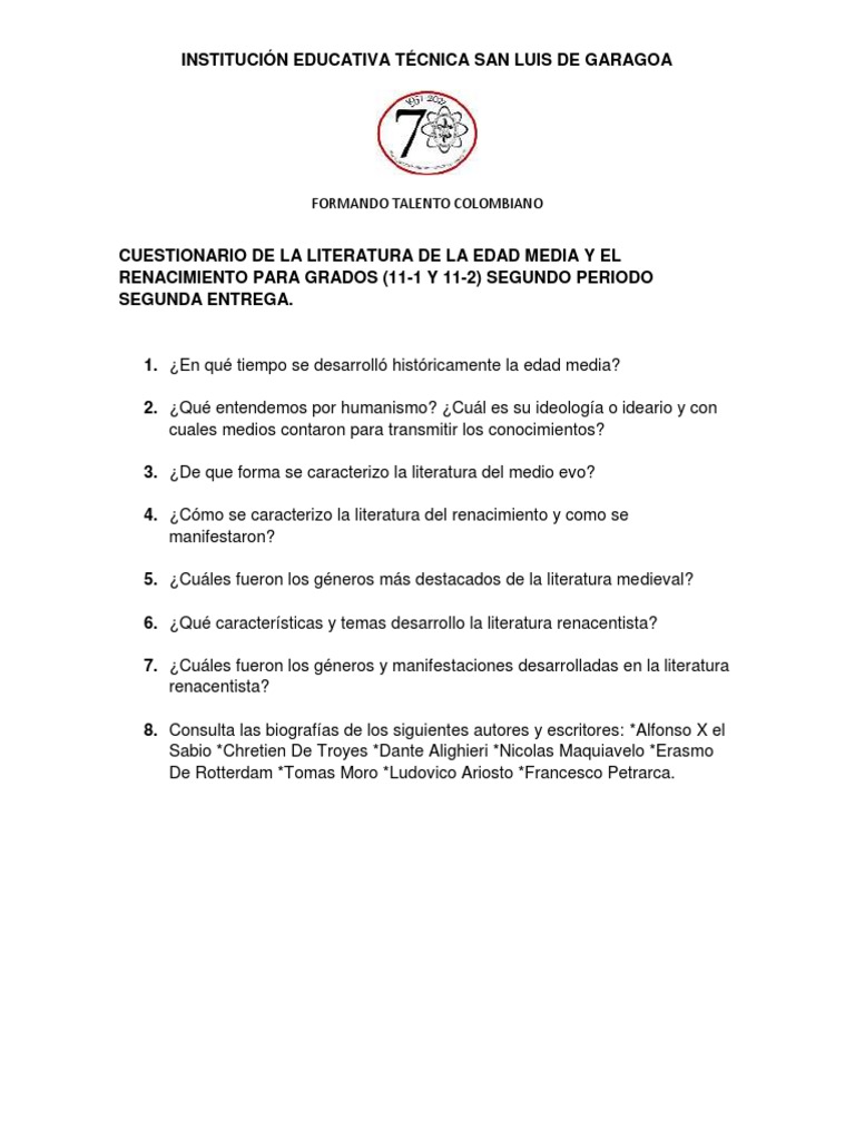 Cuestionario de La Literatura de La Edad Media y El Renacimiento para ...