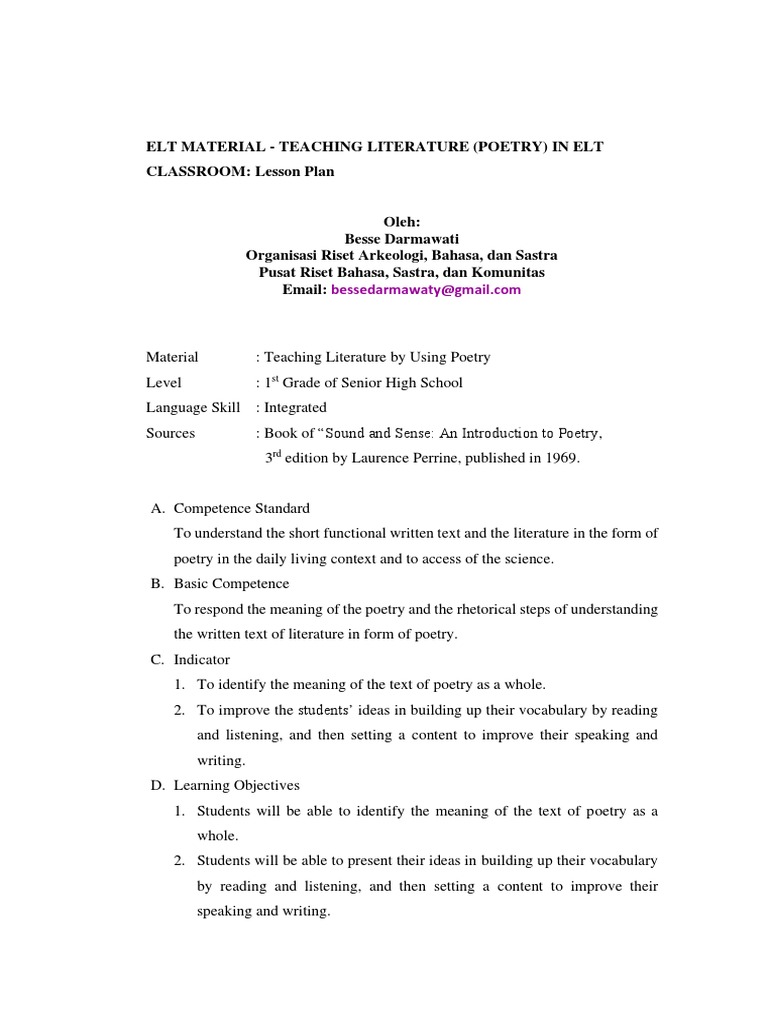 Elt Material - Teaching Literature (Poetry) in Elt Classroom | PDF