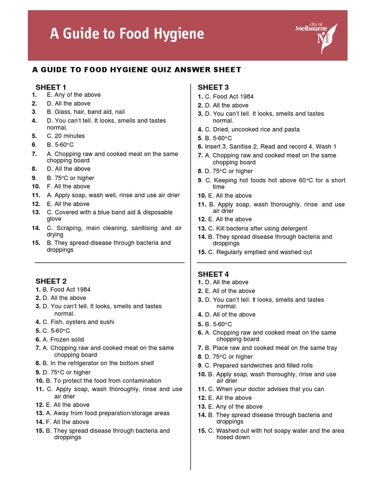 Food Hygiene Quiz Answer Guide | PDF | Hygiene | Foods