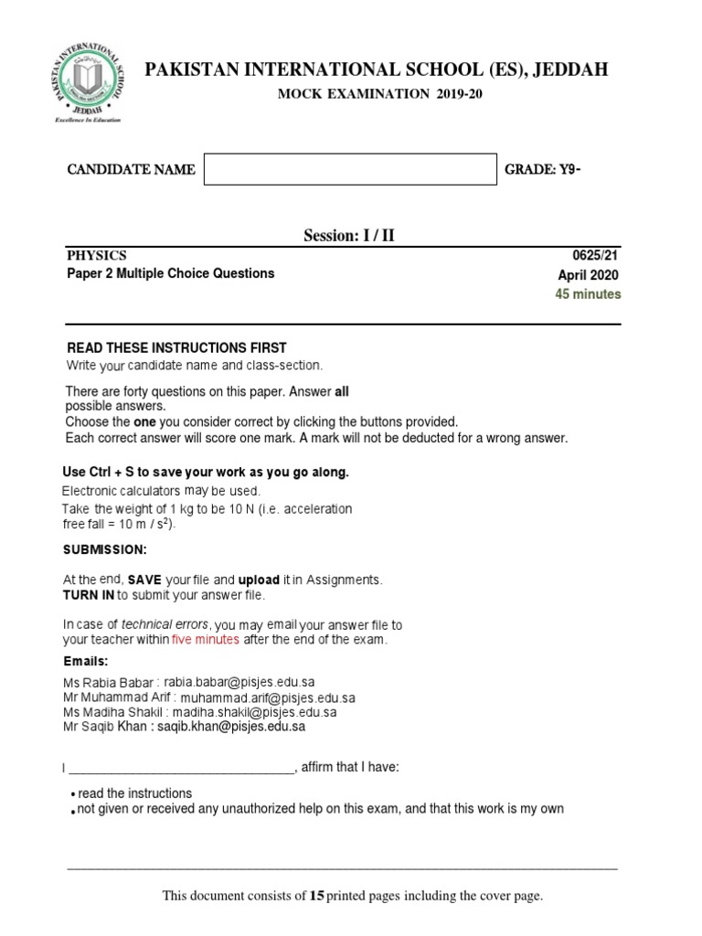 Physics Mock Y9 Paper 2 | PDF | Kinetic Energy | Force
