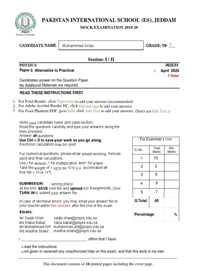 Physics Mock Y9 Paper 6 | PDF | Pendulum | Volume