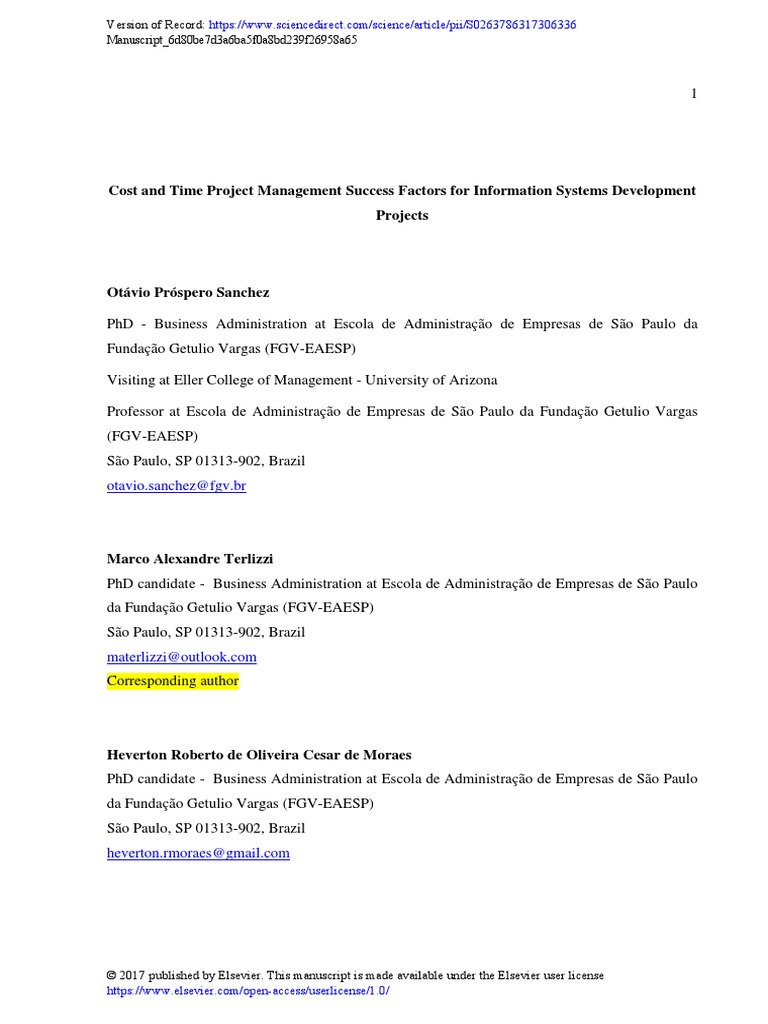 Cost and Time Project Management Success Factors For Information ...