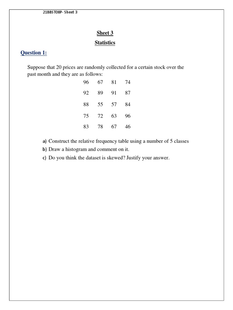 21BBST08P - Statistics - Sheet 3 | PDF | Histogram | Sampling (Statistics)