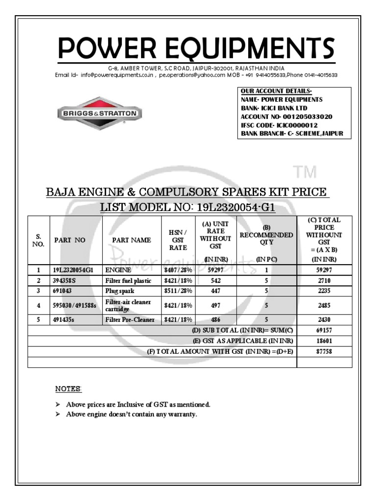 Baja Engine Spares Price List | PDF
