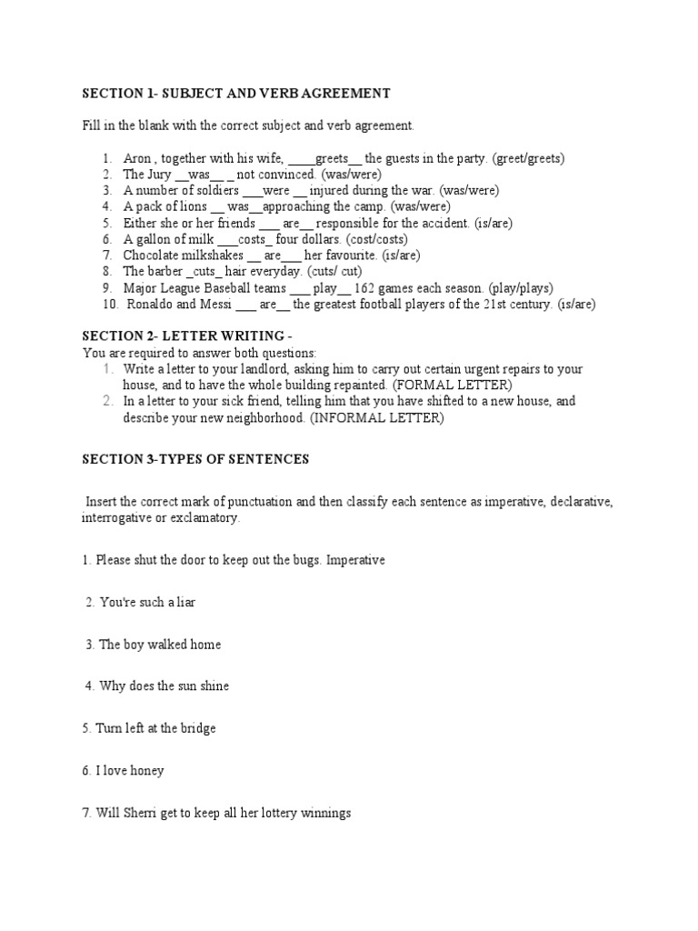 Subject-Verb Agreement and Writing Exercises | PDF | Language Families ...