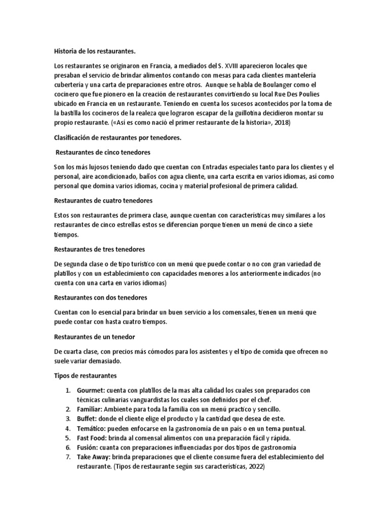 Historia de Los Restaurantes | PDF | Comida rápida | Artes culinarias