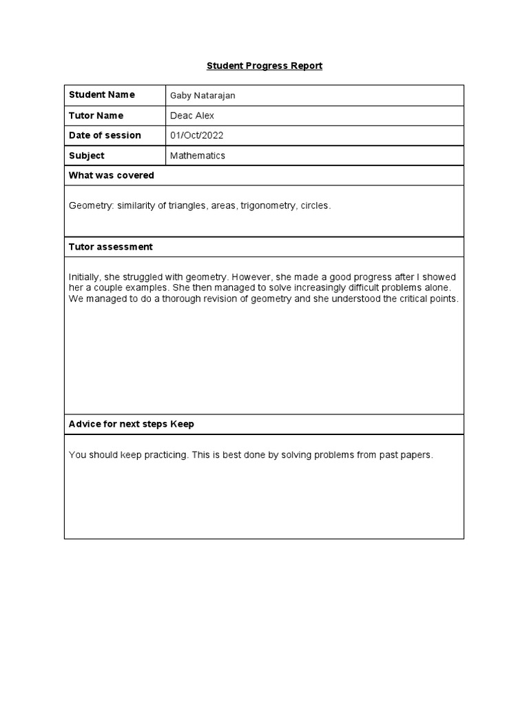 Gaby Natarajan's Math Progress Report | PDF