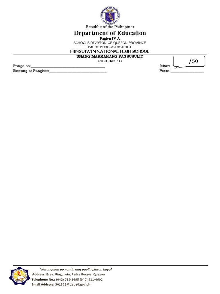 DepEd Test Paper Format for Filipino 10 | PDF