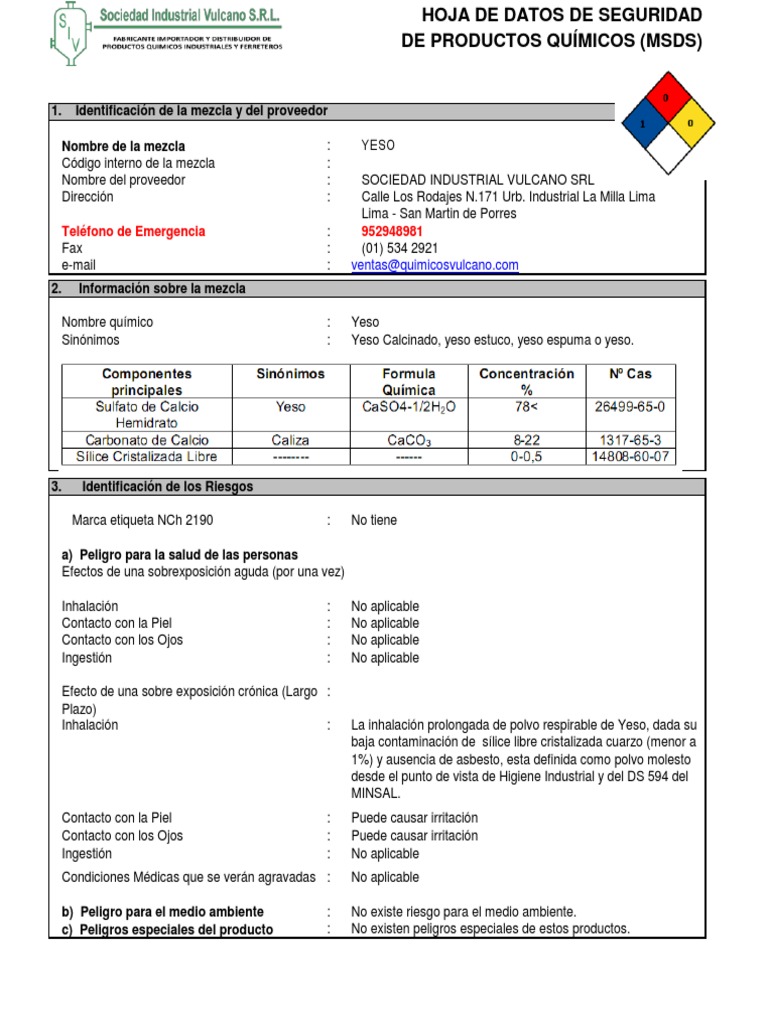 HOJA MSDS - Yeso | PDF | Agua | Yeso