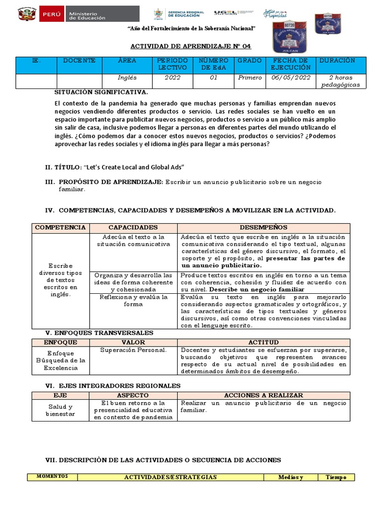 4° Sesión de Aprendizaje Inglés 1° | PDF | Evaluación | Aprendizaje