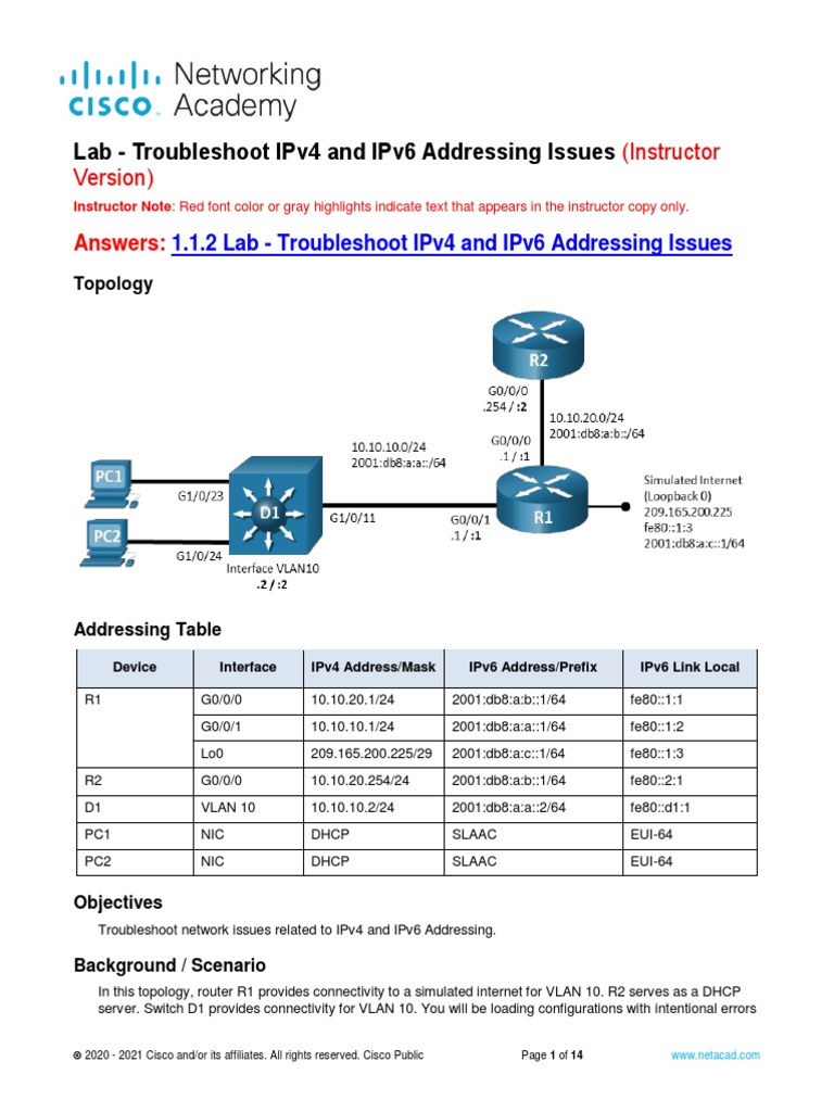 1.1.2 Lab - Troubleshoot IPv4 and IPv6 Addressing Issues - ITExamAnswers40d2 | PDF | I Pv6 | Ip ...