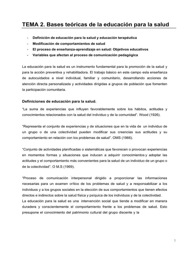 Tema 2. Bases Teóricas de La Educación para La Salud | PDF | Aprendizaje | Comportamiento