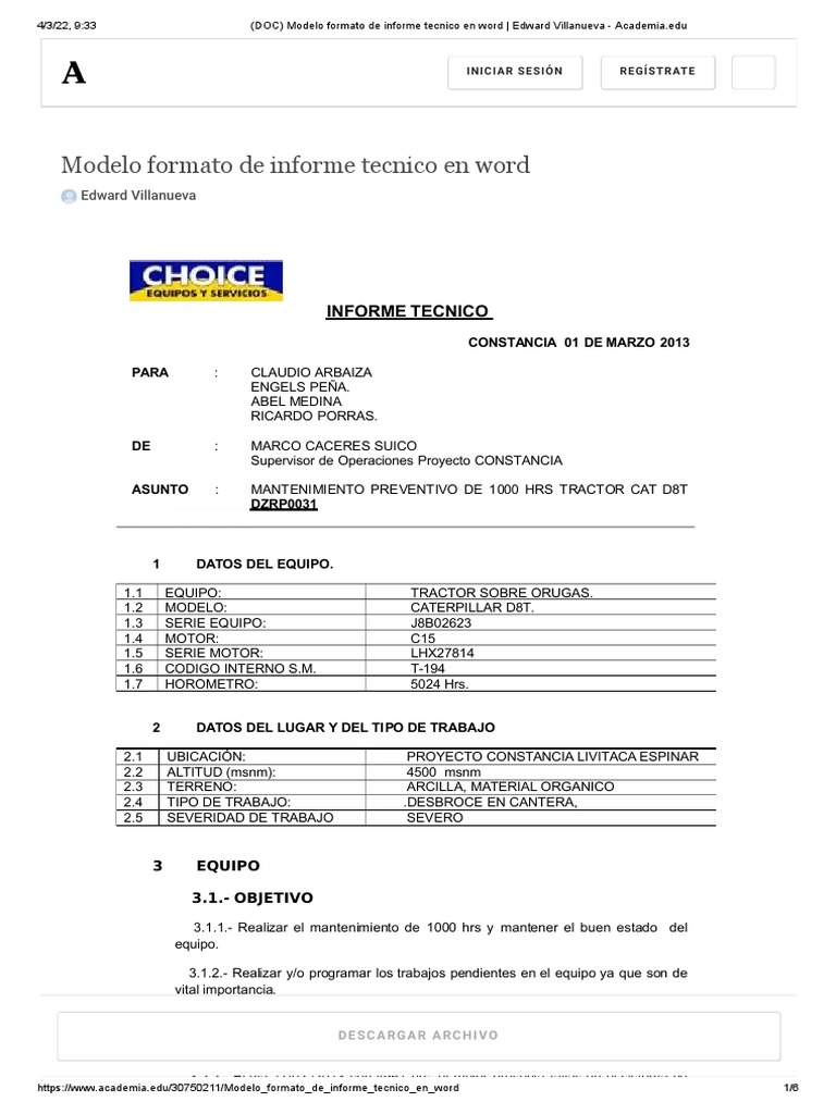 (DOC) Modelo Formato de Informe Tecnico en Word - Edward Villanueva ...