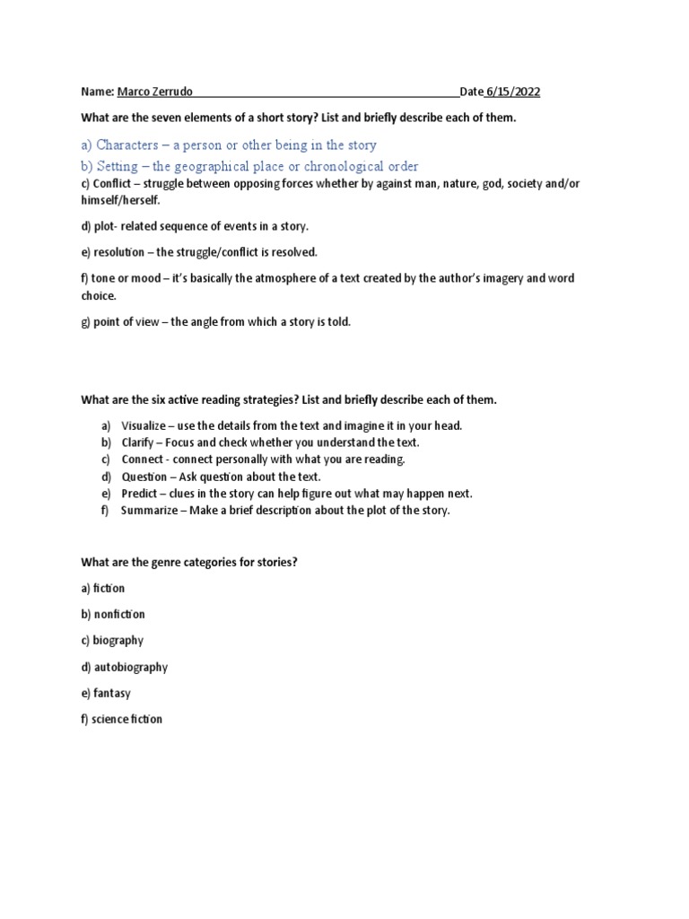 ENG200 Elements of A Short Story Worksheet | PDF