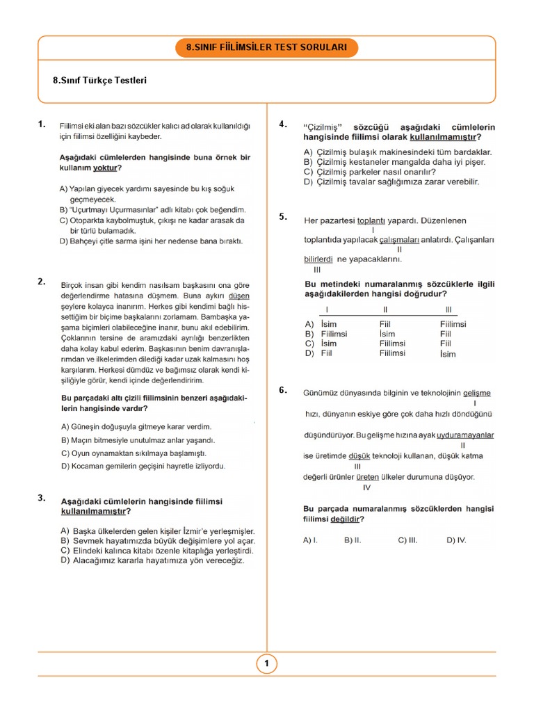 8.sinif Fi̇i̇li̇msi̇ler Test Sorulari | PDF