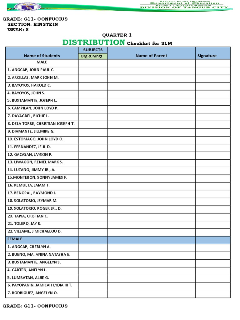G11-Distribution Checklist-for-SLM - Einstein - 22-23 | PDF